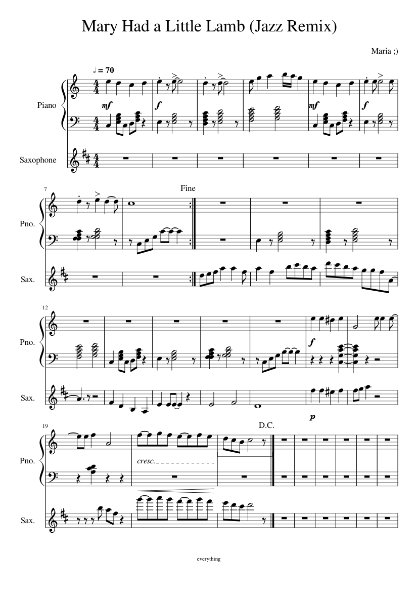 Mary Had a Little Lamb (Jazz Remix) Sheet music for Piano, Saxophone ...