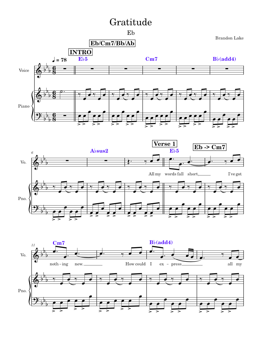 Gratitude Sheet Music with Chords for Piano, Voice (other) (Piano-Voice ...