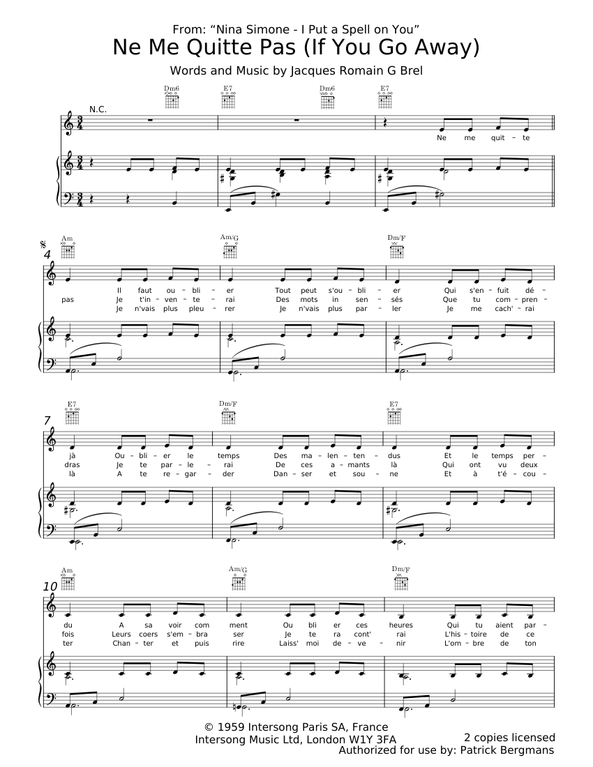 Ne Me Quitte Pas - Jacques Brel Sheet Music with Chords for Piano ...