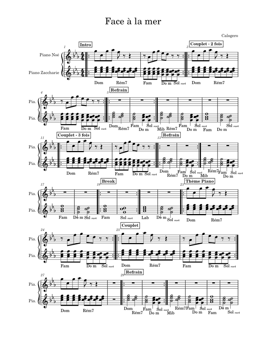 Face a la mer – Calogero Sheet music for Piano (Piano Four Hand ...