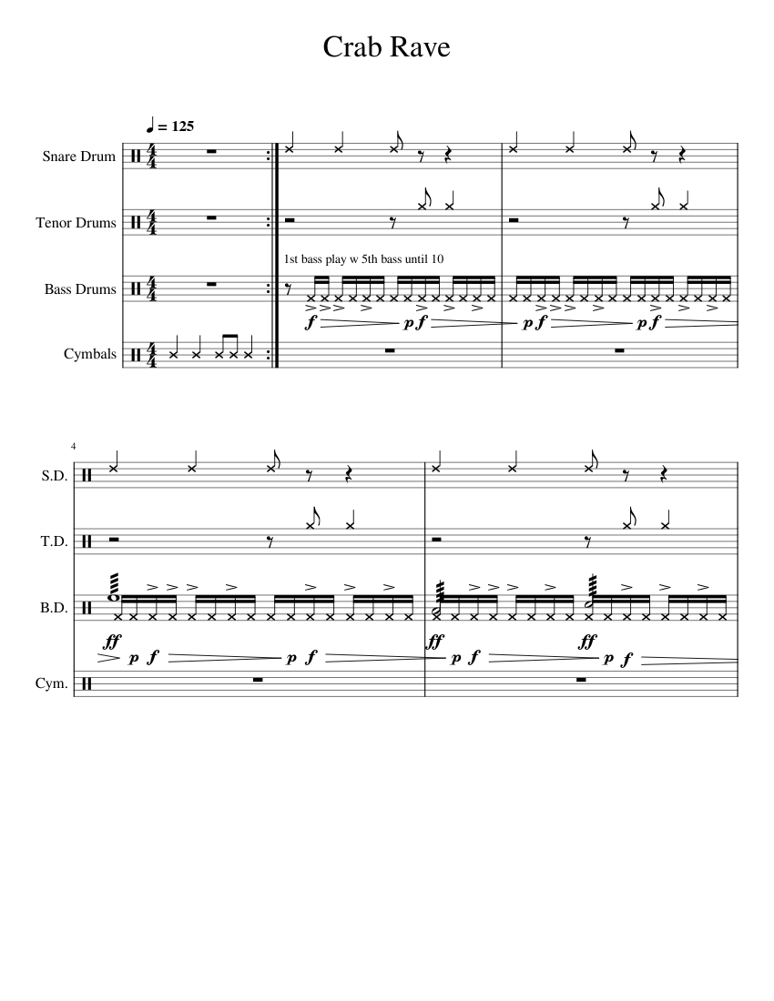 Crab_Rave Sheet music for Snare drum, Crash, Tenor drum, Bass drum ...