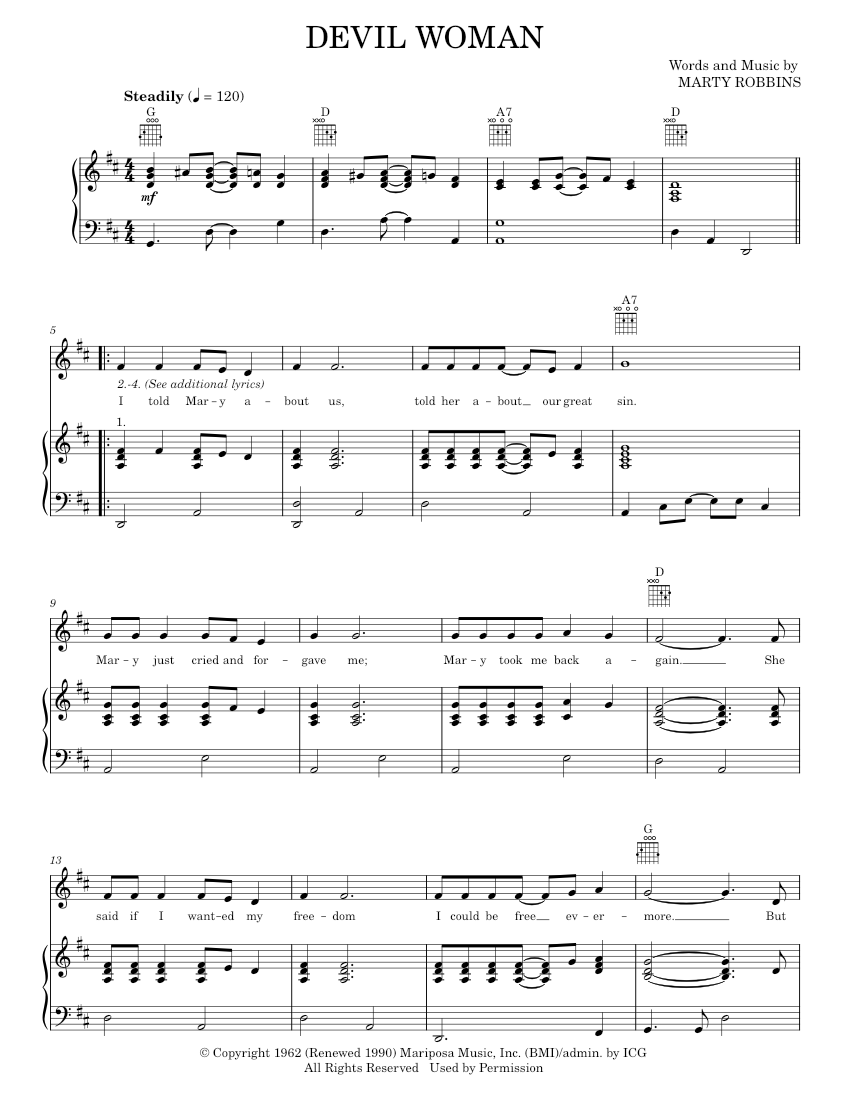 devil woman Sheet music for Piano, Vocals by Marty Robbins: Music Notes ...