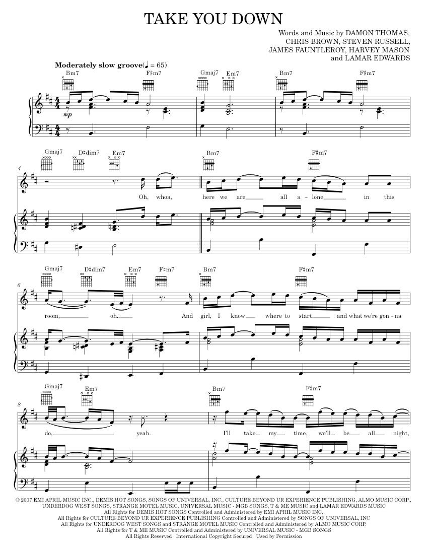 take you down Sheet music for Piano, Vocals: Music Notes