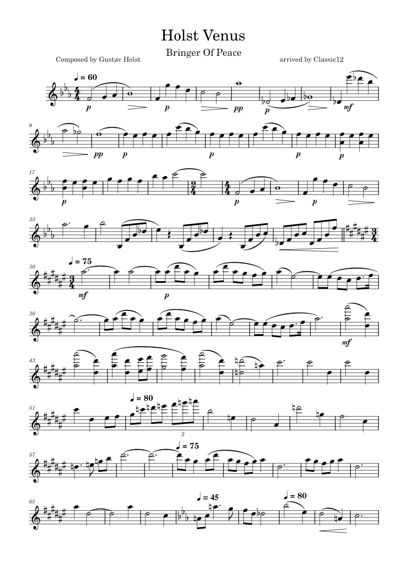 Venus, The Bringer Of Peace – Gustav Holst solo violin Sheet Music for ...