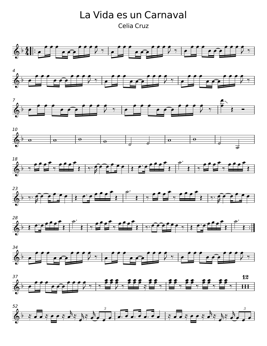La vida es un carnaval - Celia Cruz Sheet Music for Piano (Solo) Easy ...