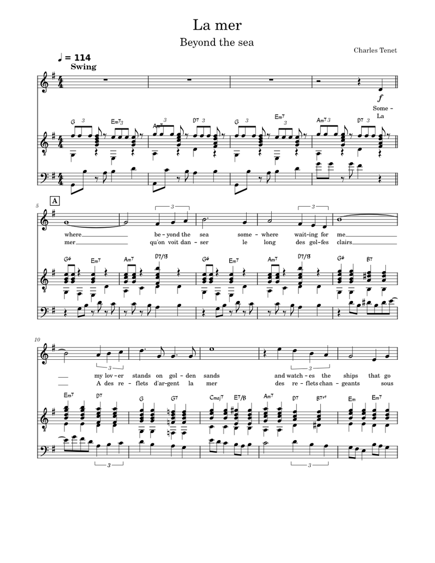 La mer - Beyond the sea Sheet music for Vocals, Cello, Guitar (Mixed ...