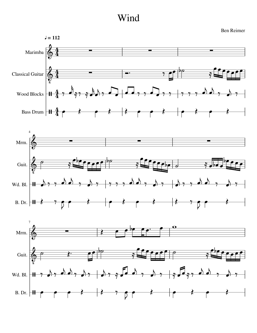 Wind Sheet music for Guitar, Bass drum, Marimba, Woodblock (Mixed ...