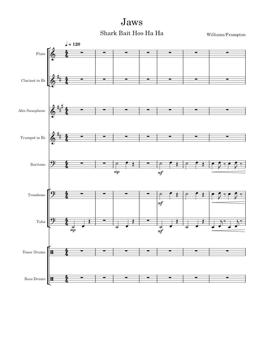 Jaws (Stands Tune) Sheet music for Trombone, Tuba, Flute, Saxophone ...