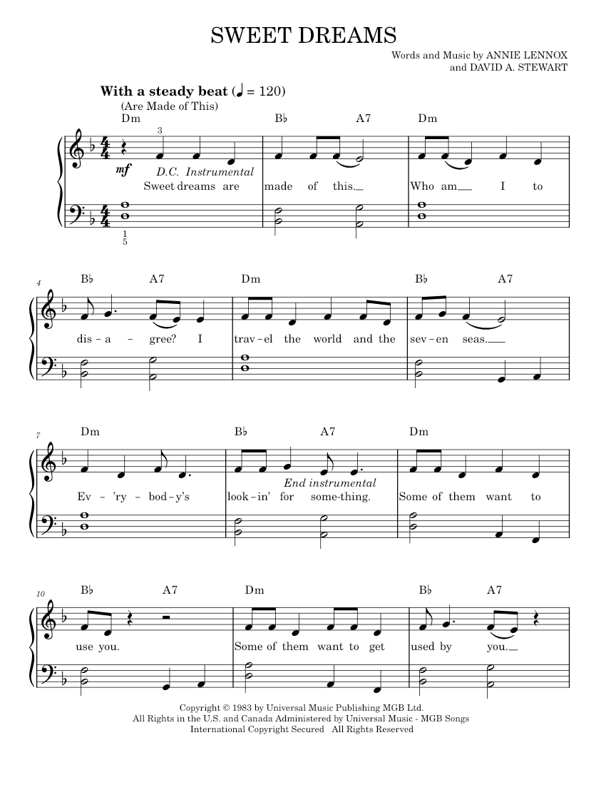 Play Official version of Sweet Dreams (Are Made of This) Sheet Music by ...
