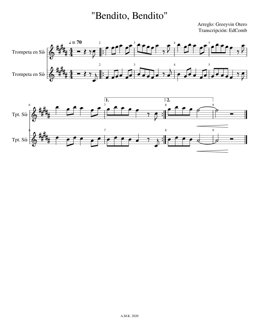 "Bendito, Bendito" Sheet music for Trumpet in b-flat (Brass Duet ...