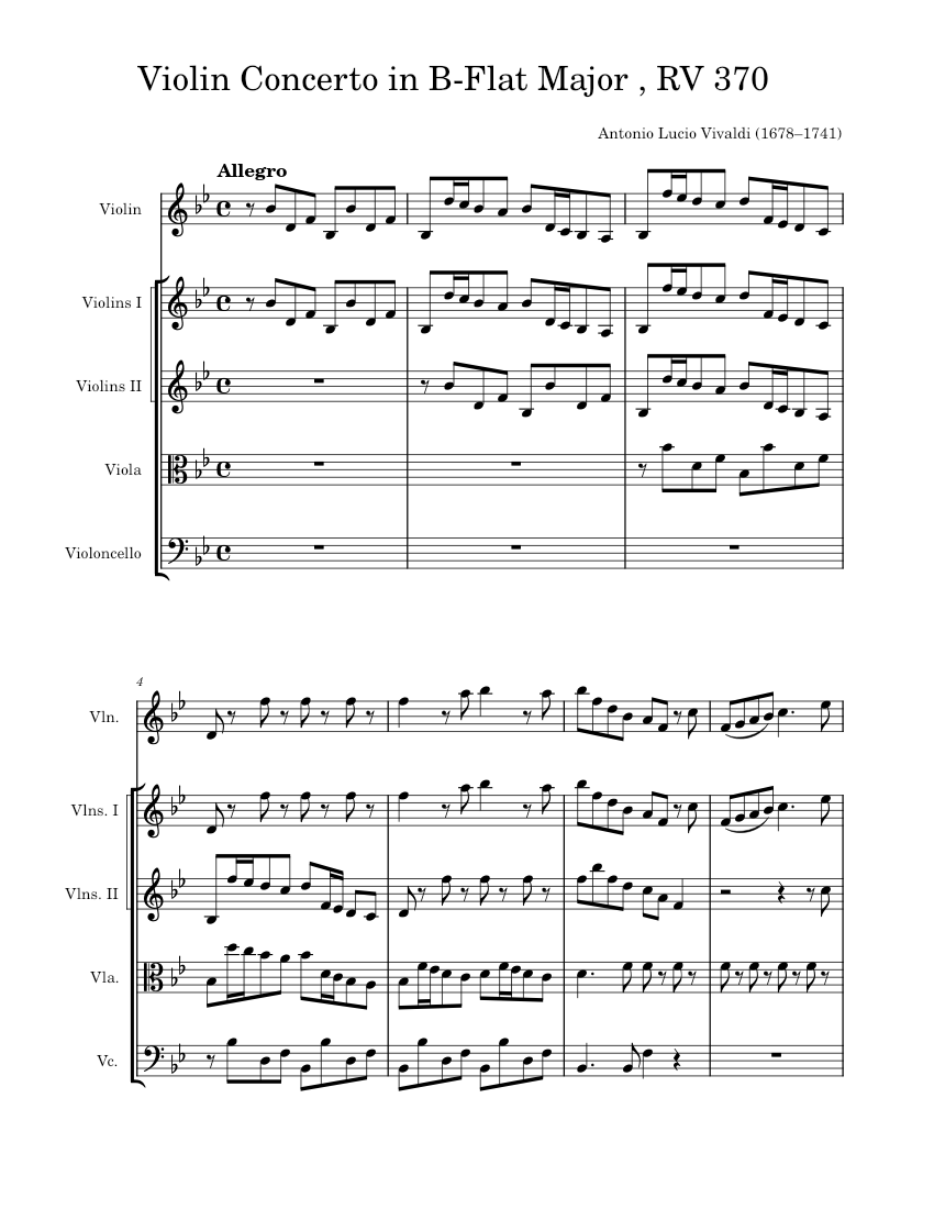 Vivaldi—Violin Concerto in B-Flat Major, RV 370 Sheet music for Violin, Viola, Cello, Strings ...