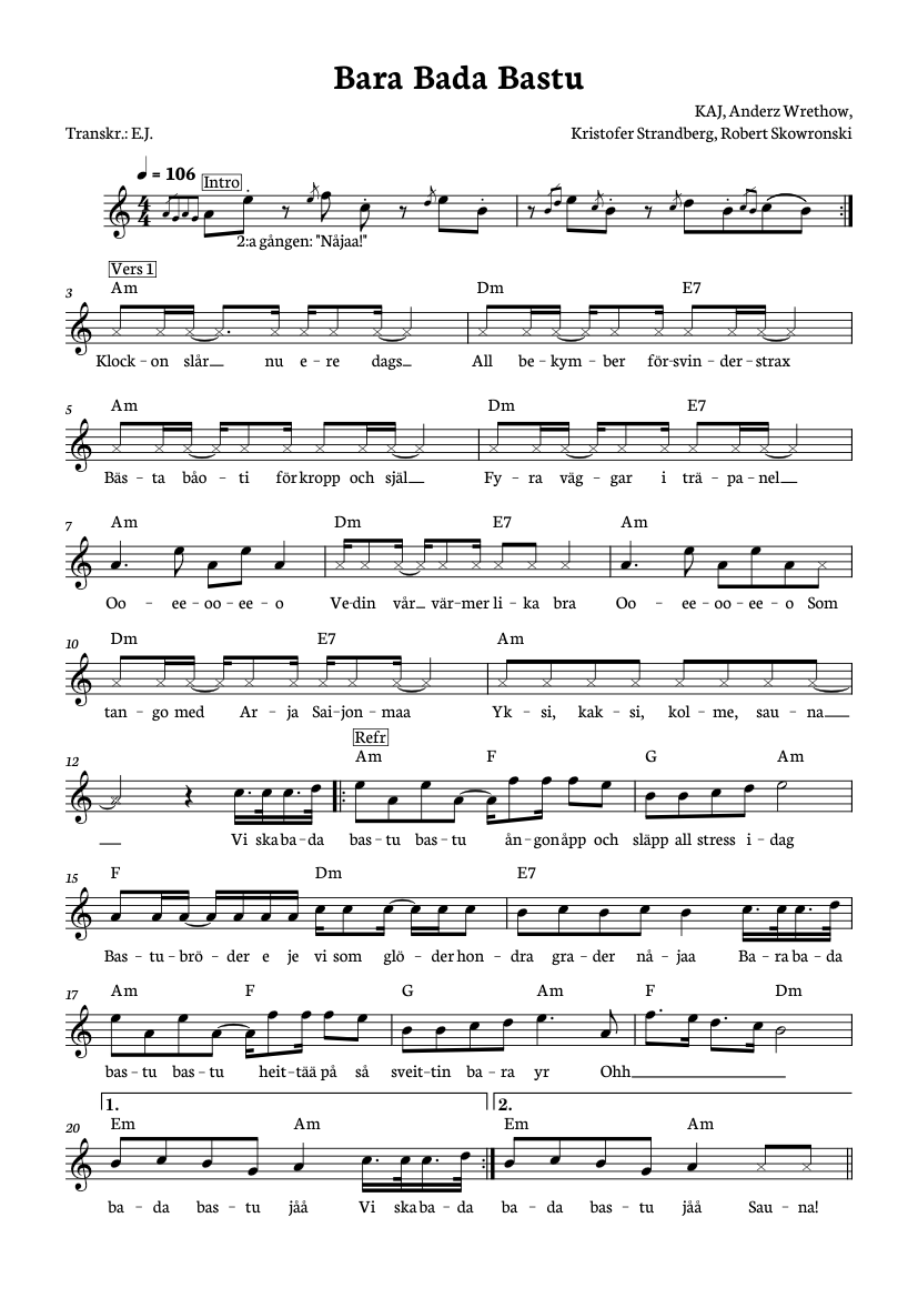 Bara Bada Bastu – KAJ Sheet Music with Chords for Piano (Solo) Easy | MuseScore.com