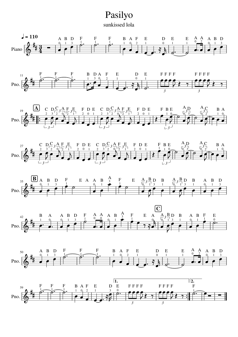 Pasilyo – Sunkissed Lola Pasilyo Sunkissed Lola Sheet Music with Chords ...