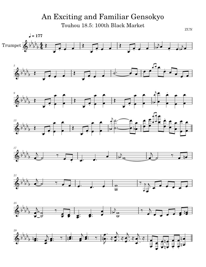 An Exciting and Familiar Gensokyo – ZUN Sheet music for Trumpet other ...