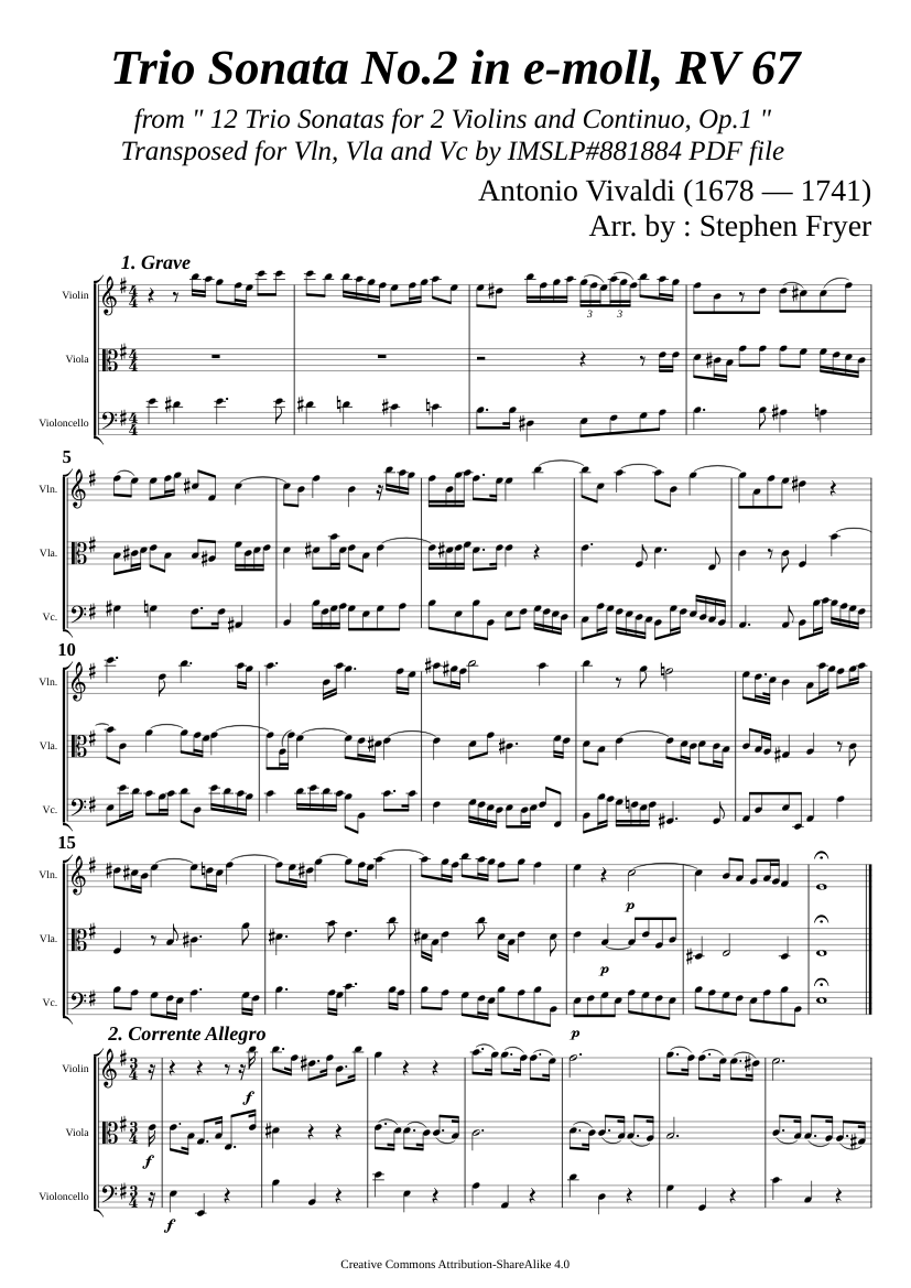 Vivaldi, A. _ Triosonata Op.1 No.2 e-moll, RV 67 [Vln, Vla, Vc] Sheet Music for Violin, Viola ...
