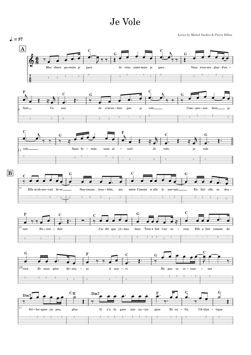 Je Vole (Sardou,Louane) Accords, Paroles et TAB Sheet Music for Guitar ...