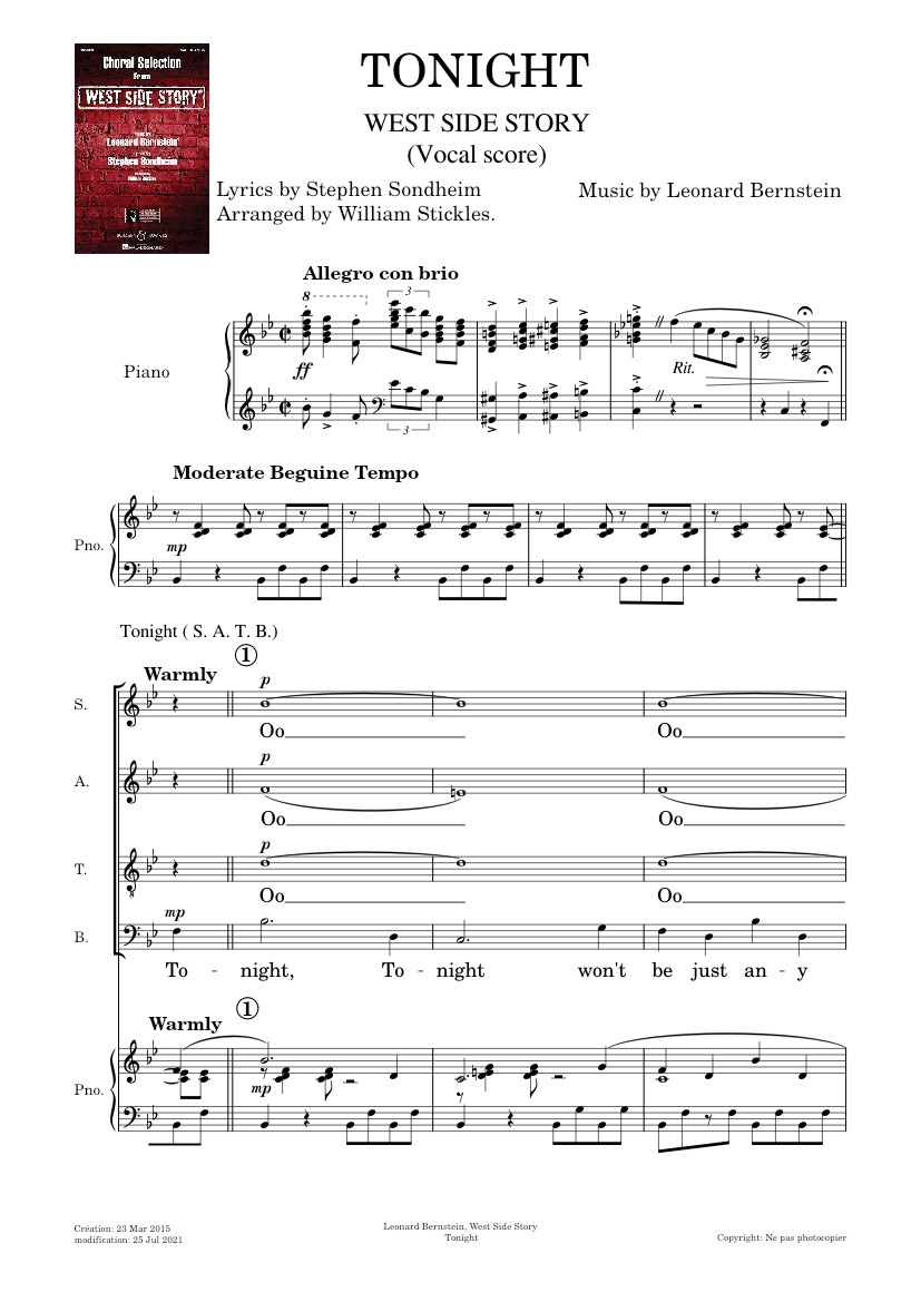West Side Story, Tonight - Leonard Bernstein Sheet Music for Piano, Soprano, Alto, Tenor & more ...