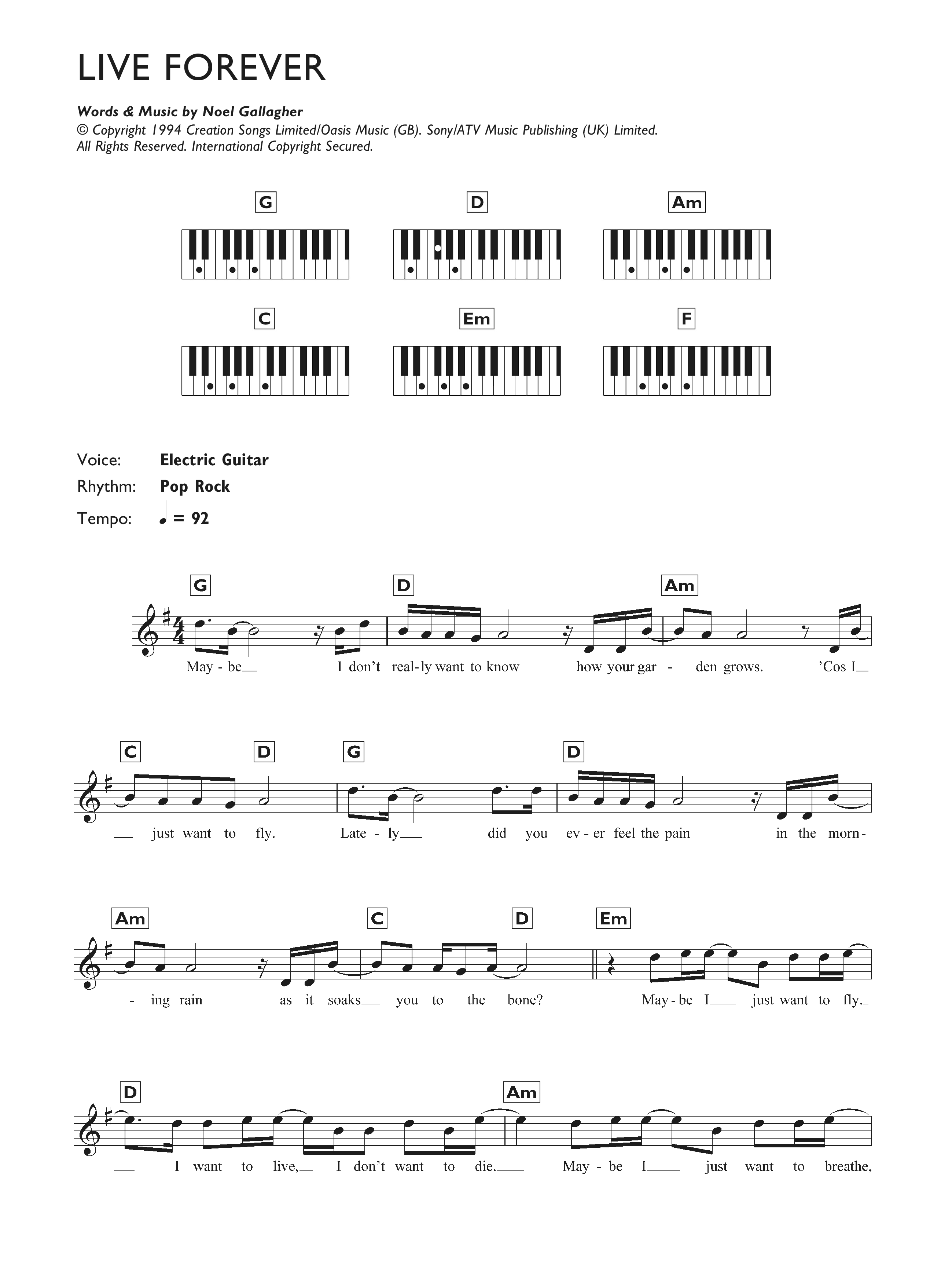 Play Official version of Live forever Sheet Music by Oasis for Piano ...