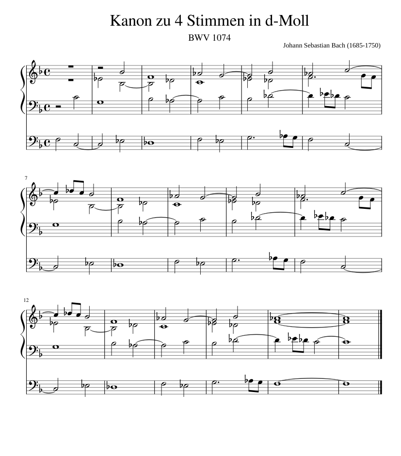 Kanon zu 4 Stimmen in d-Moll Johann Sebastian Bach (1685-1750 Sheet music for Organ (Solo ...