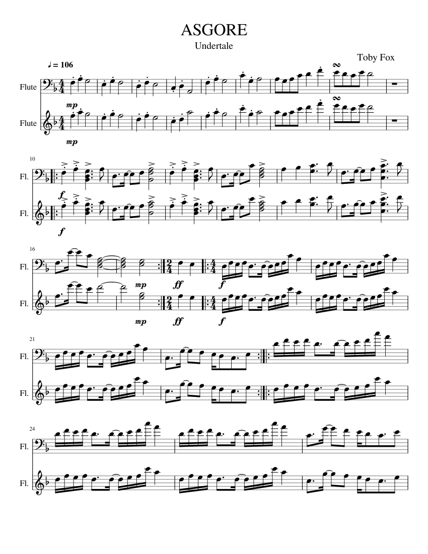 Undertale Soundtrack - ASGORE Sheet music for Flute (Woodwind Duet ...