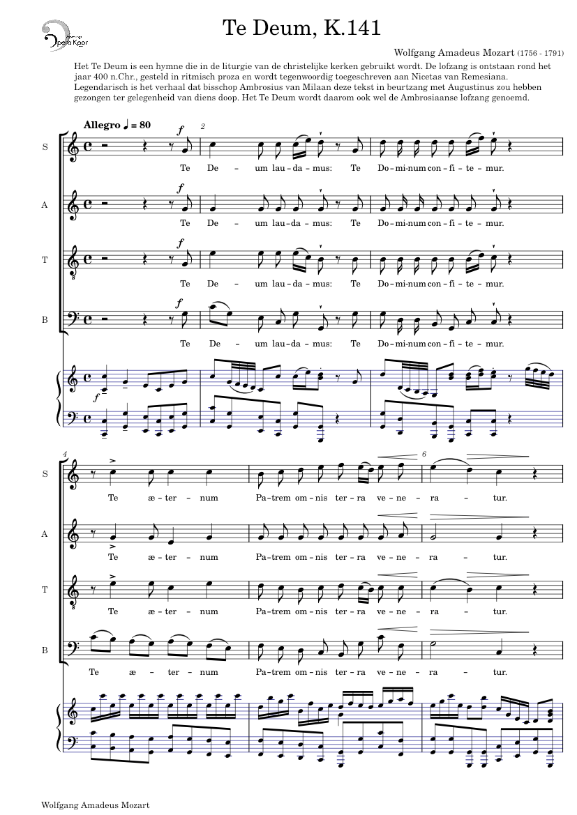 Te Deum, K.141 - W.A. Mozart Sheet music for Piano, Soprano, Alto, Tenor & more instruments ...