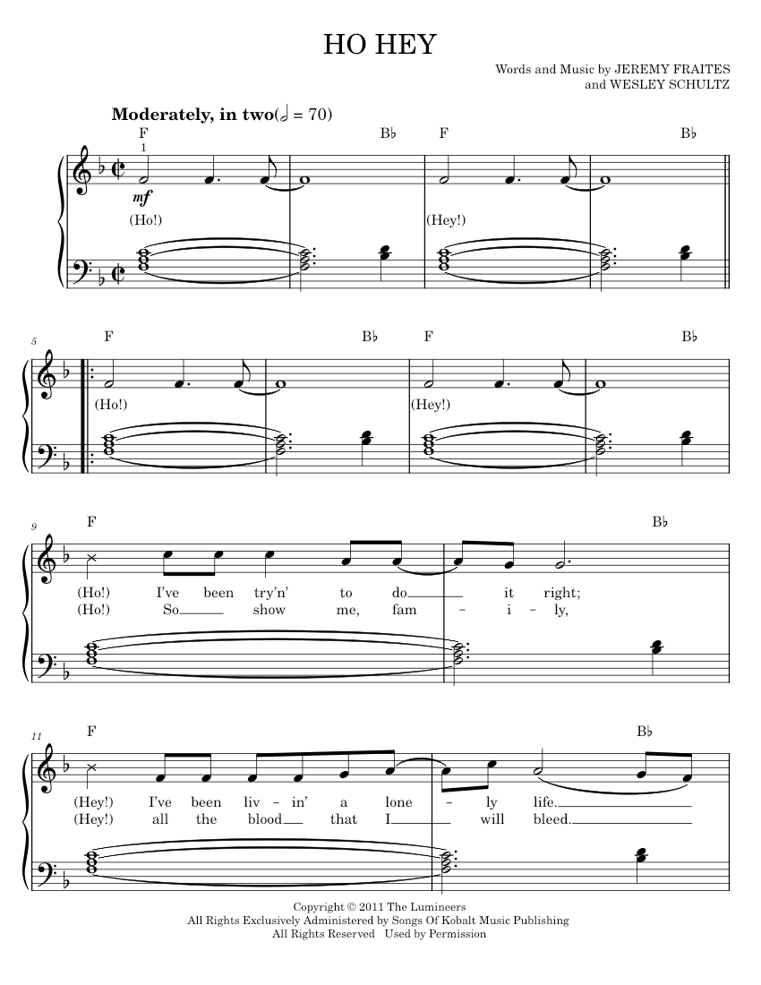 Play Official version of Ho hey sheet music by The Lumineers for Piano ...