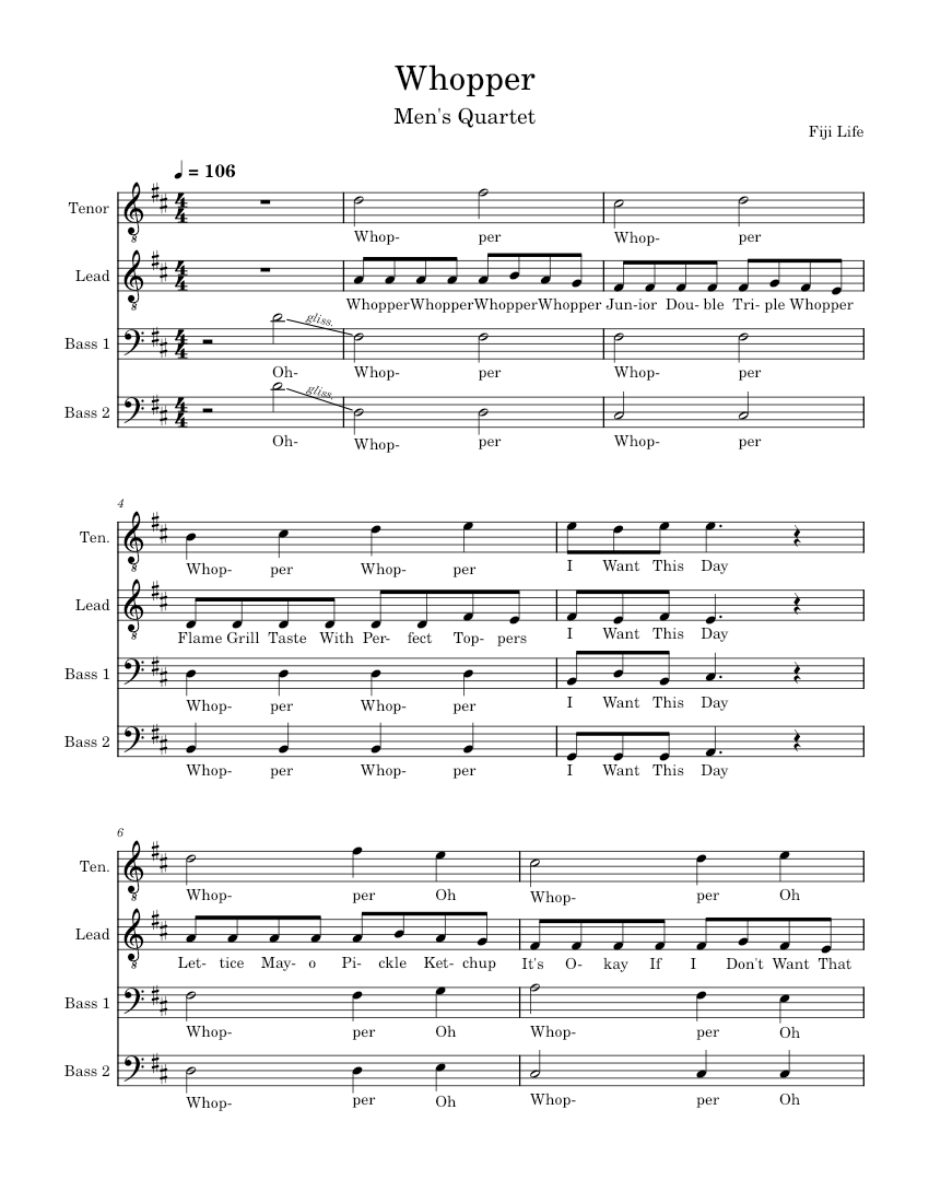 Whopper Whopper – Burger King Whopper - Men's Quartet Sheet Music for ...