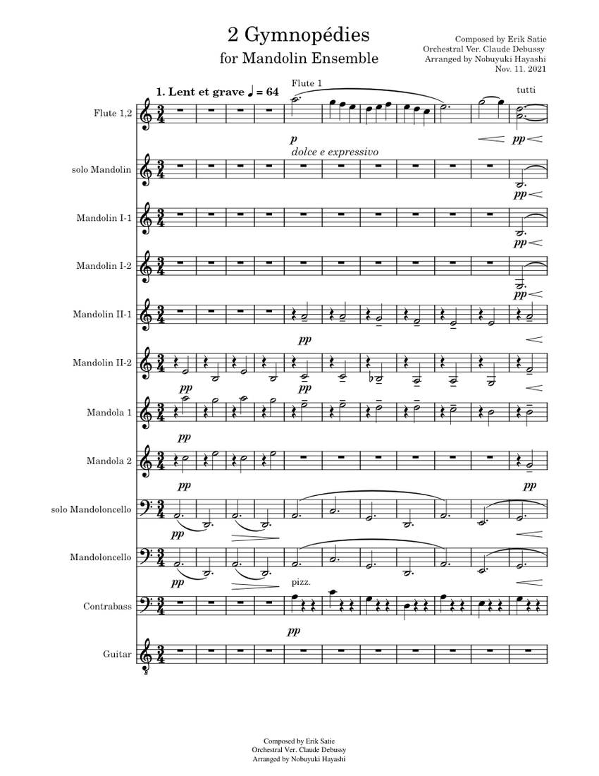 2 Gymnopédies – Erik Satie , Orchestral Ver. Claude Debussy for Mandolin Ensemble Sheet music ...