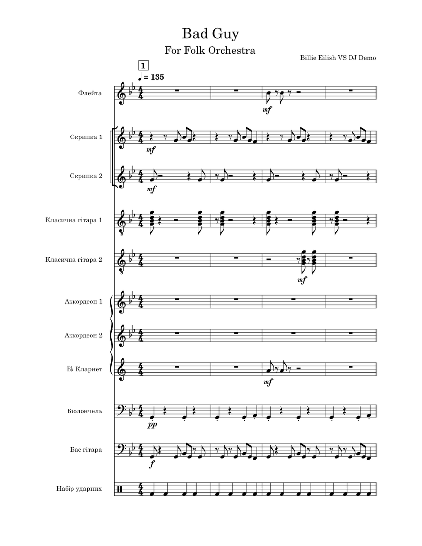 Bad guy – Billie Eilish Sheet music for Accordion, Flute, Clarinet in b ...