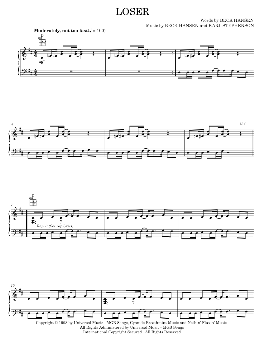 loser Sheet music for Piano, Vocals by Beck: Music Notes by MuseScore