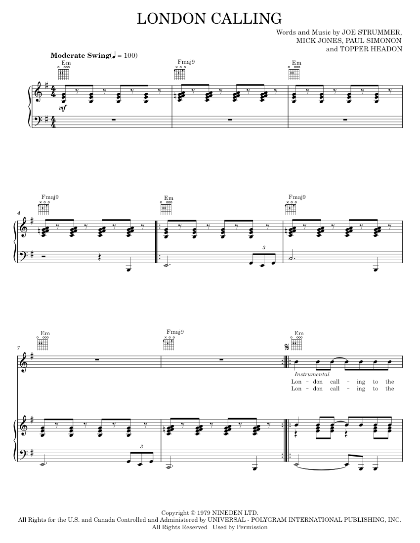 london calling Sheet music for Piano, Vocals by The Clash: Music Notes ...