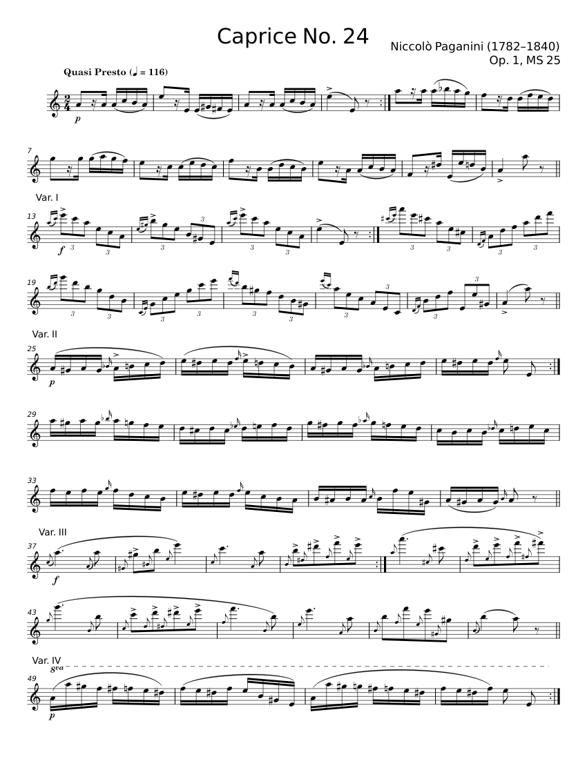 Caprice No. 24 - Niccolò Paganini Sheet Music for Flute (Solo ...