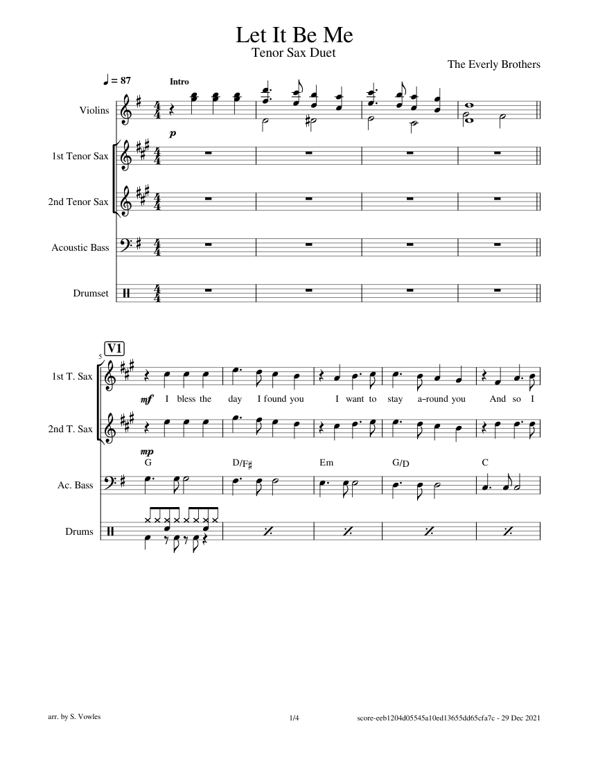 Let It Be Me - a tenor sax duet Sheet music for Saxophone tenor, Violin ...