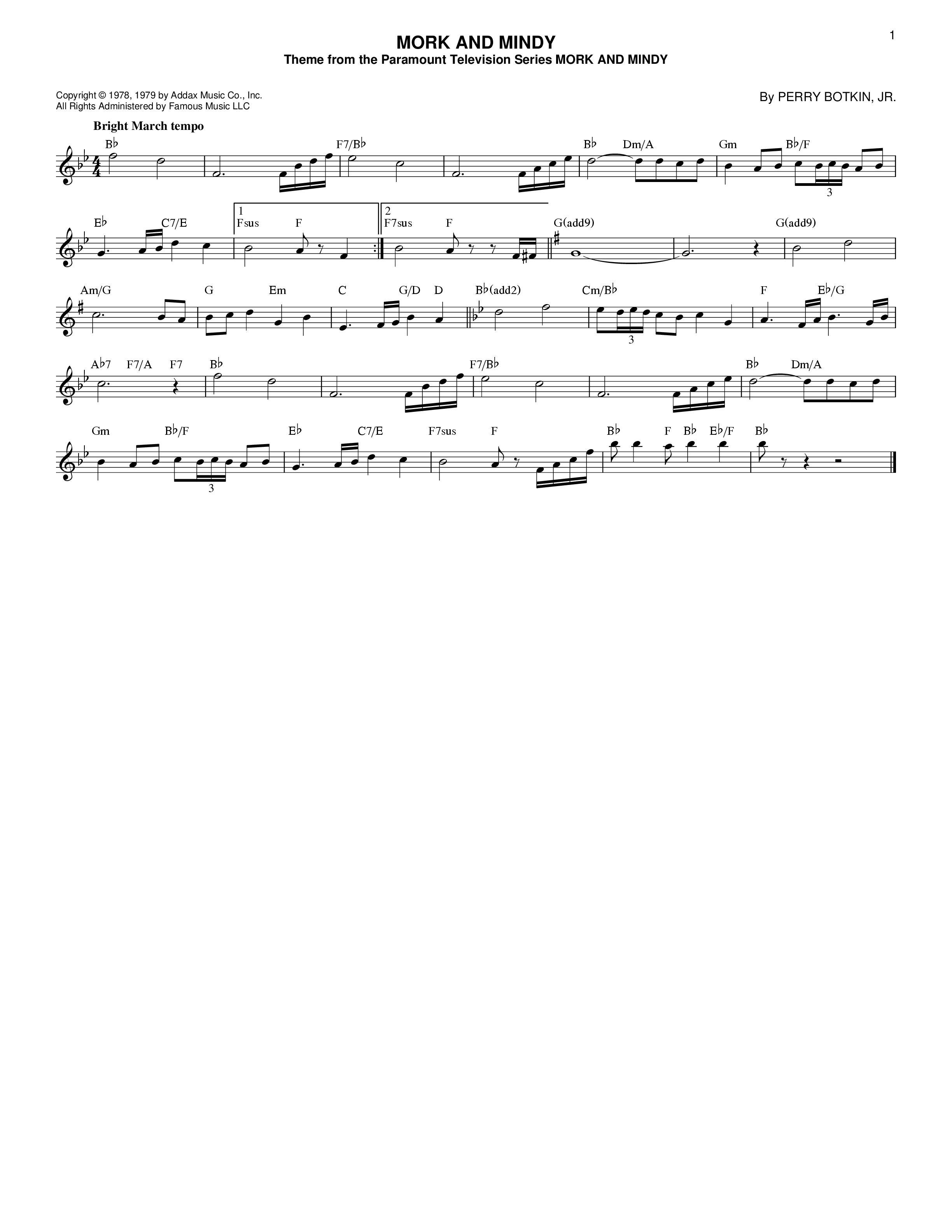 Mork And Mindy Sheet music for Piano, Vocals, Guitar by Barry DeVorzon ...