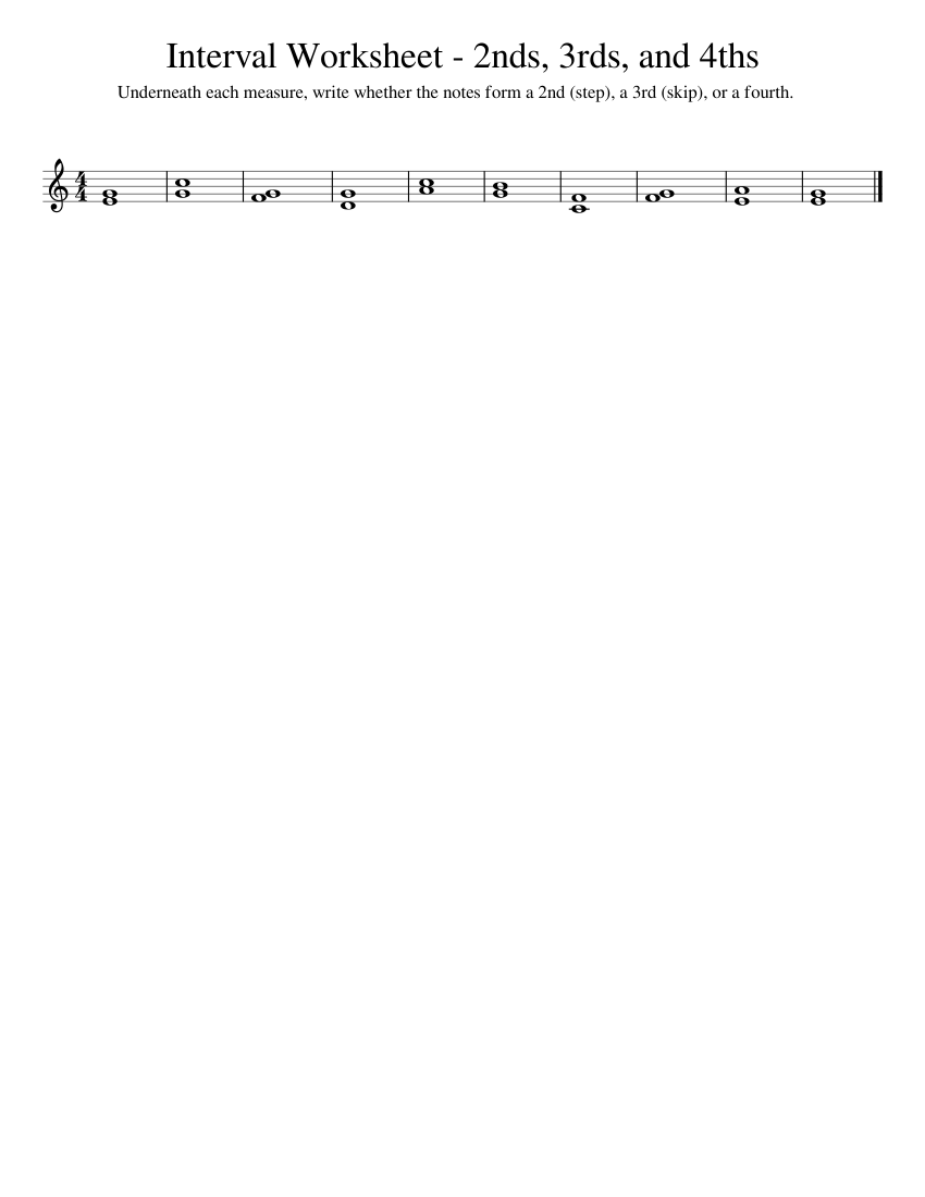 Interval Worksheet - 2nds, 3rds, and 4ths - piano tutorial