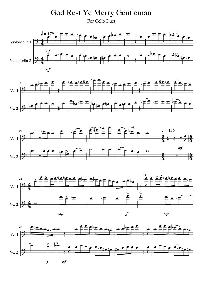 God Rest Ye Merry, Gentlemen Sheet Music for Cello (String Duet ...