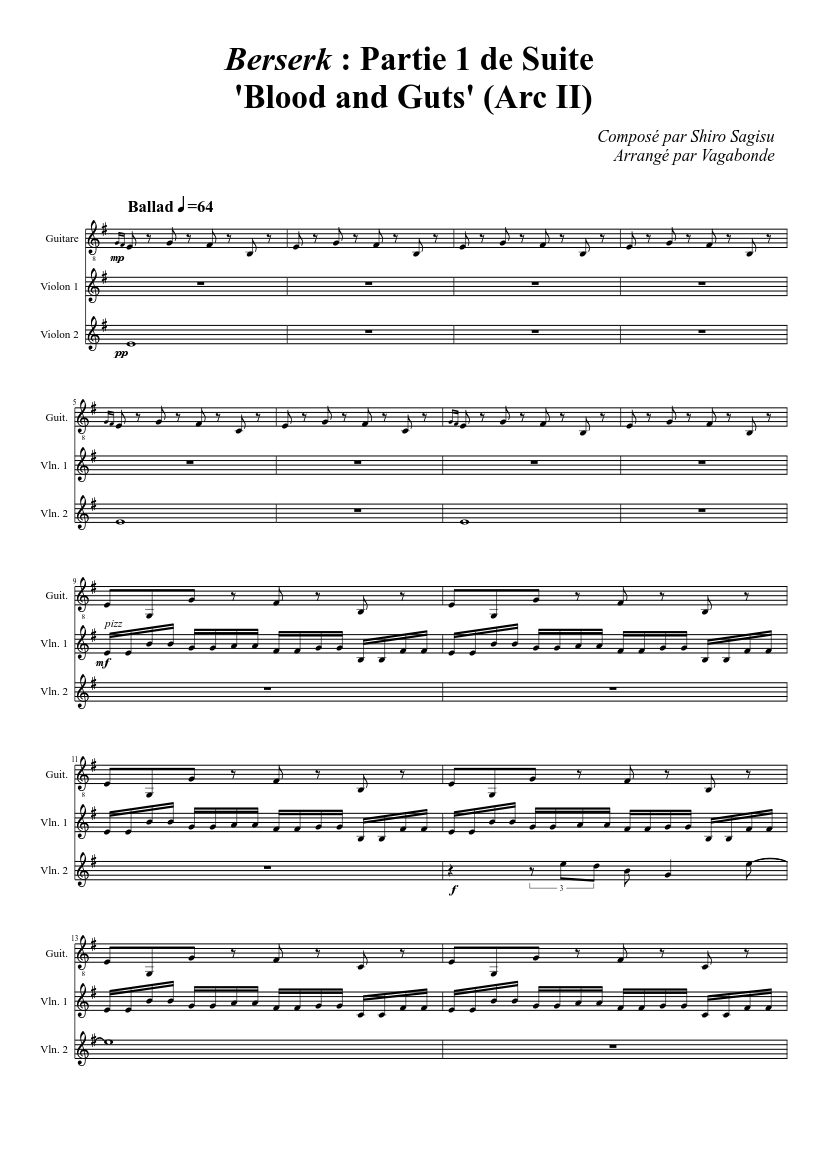 Berserk : Partie 1 Suite 'Blood and Guts' (ending Arc II) Sheet Music ...