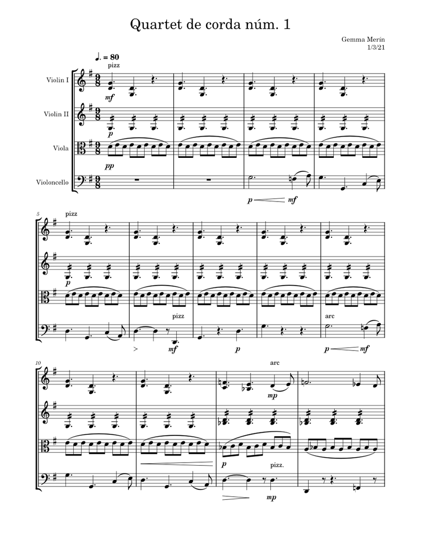 String quartet no. 1 - Movement 1 Sheet music for Violin, Viola, Cello ...