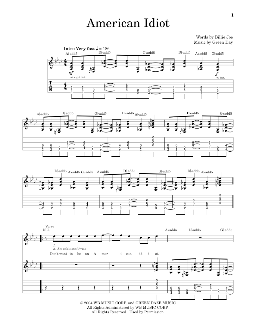 Play Official version of American idiot Sheet Music by Green Day for ...