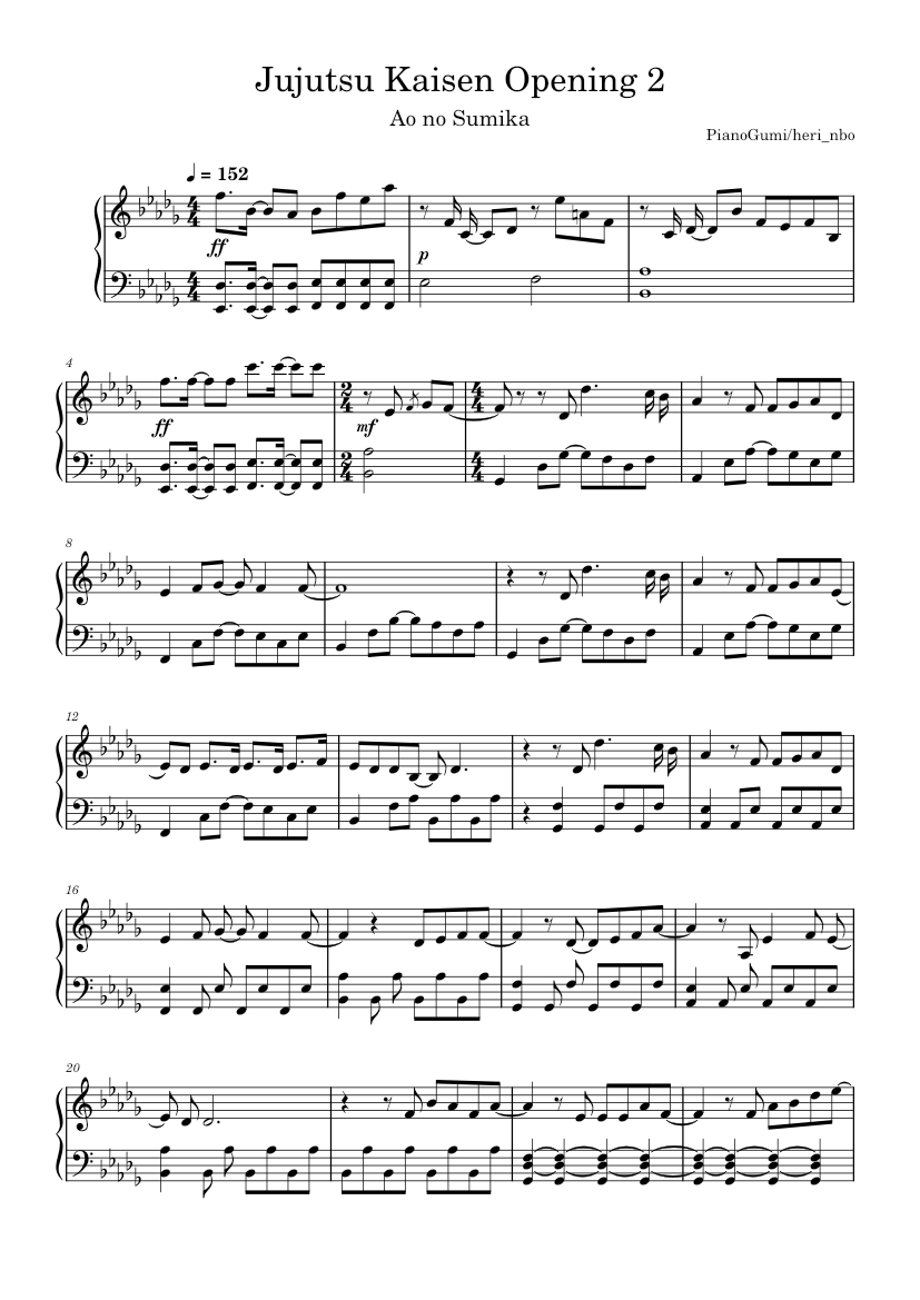 Jujutsu Kaisen Opening Season 2 Sheet Music for Piano (Solo ...