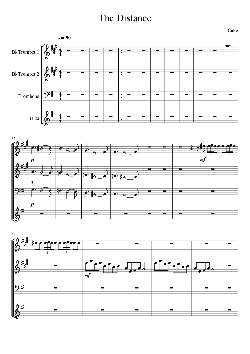 The Distance - Cake Sheet Music for Trombone, Tuba, Trumpet in b-flat ...
