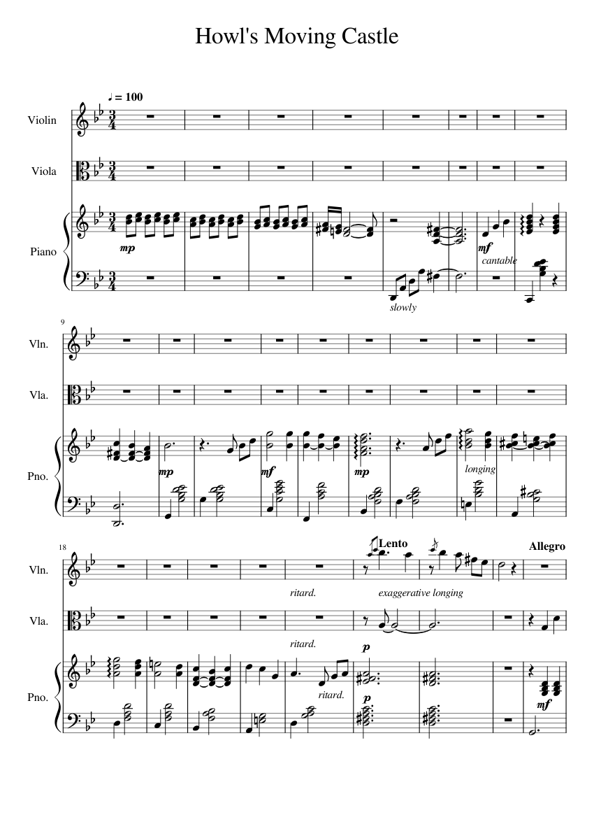 Howl's Moving Castle Arrangement Trio : Piano, Violin, Viola Sheet ...