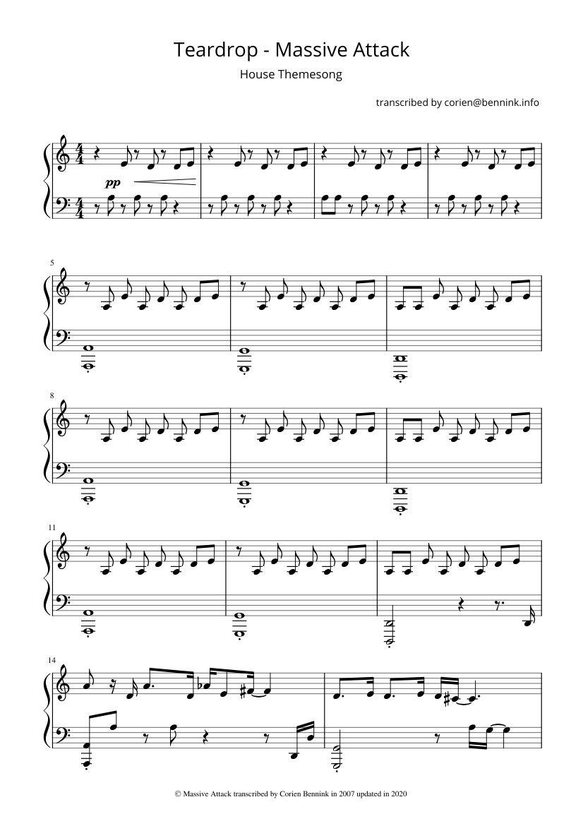 Teardrop - Massive attack - House theme Sheet Music for Drum group ...