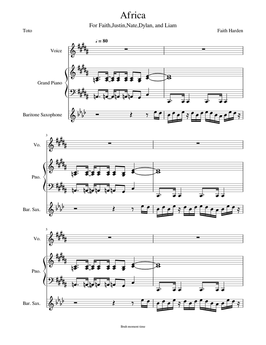 Africa Sheet music for Piano, Vocals, Saxophone baritone (Mixed Trio ...