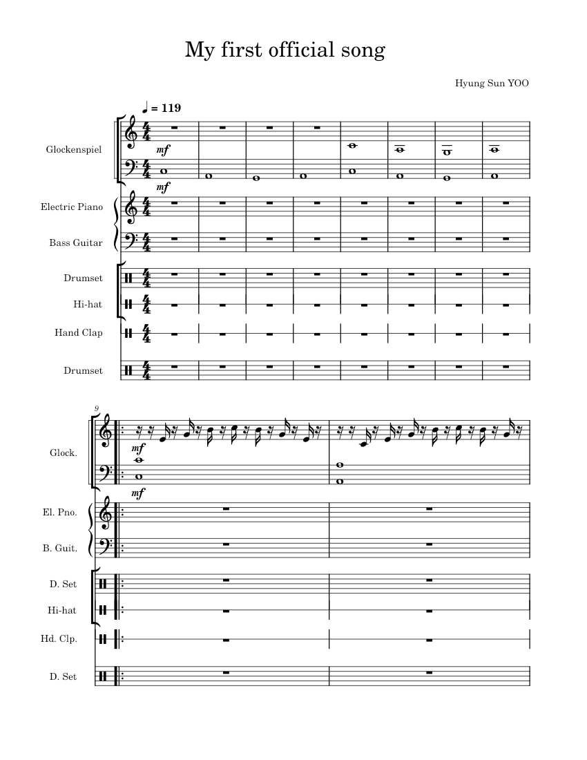 My first official song Sheet music for Piano, Glockenspiel, Bass guitar ...