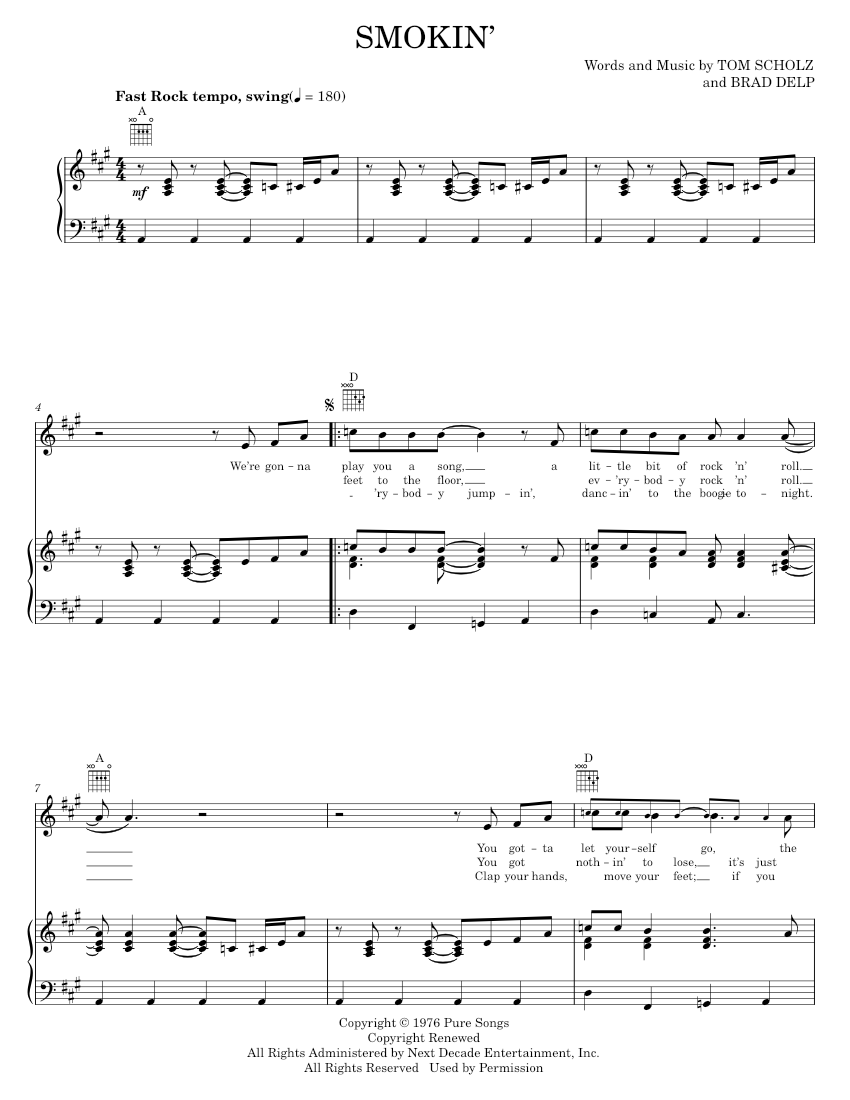 smokin Sheet music for Piano, Vocals by Boston Official | MuseScore.com