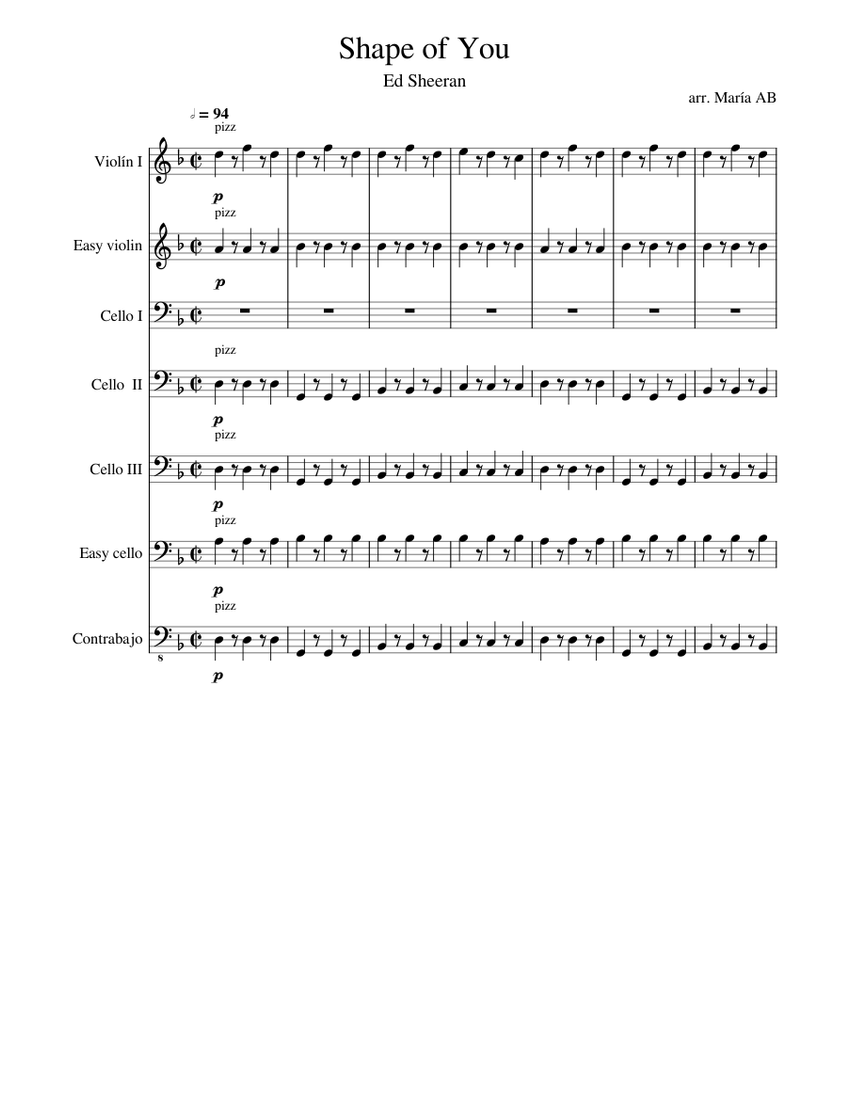 Ed Sheeran- Shape of You string easy Sheet music for Contrabass, Violin ...