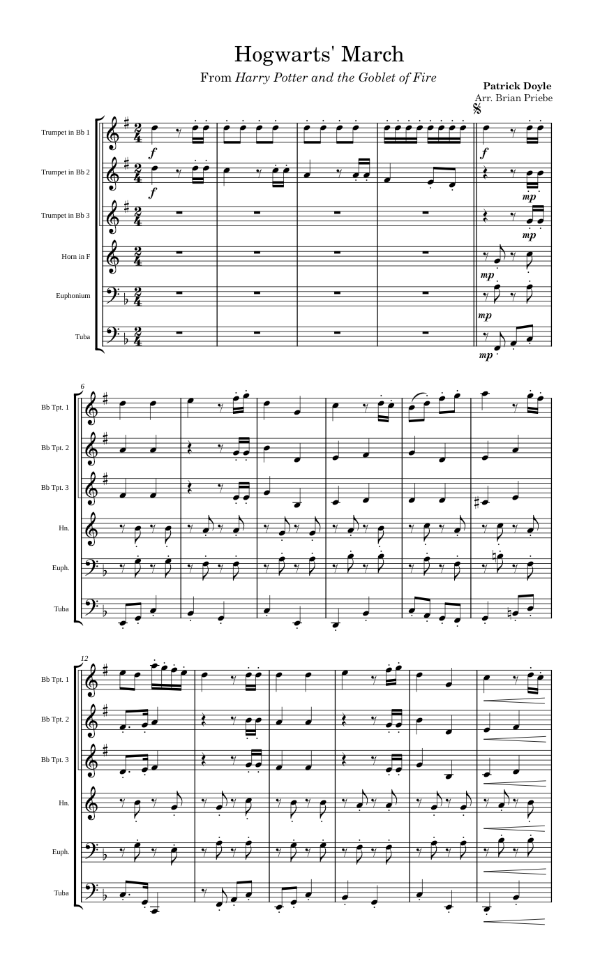 Hogwarts' March - Patrick Doyle (Arr. Brian Priebe) Sheet Music for ...