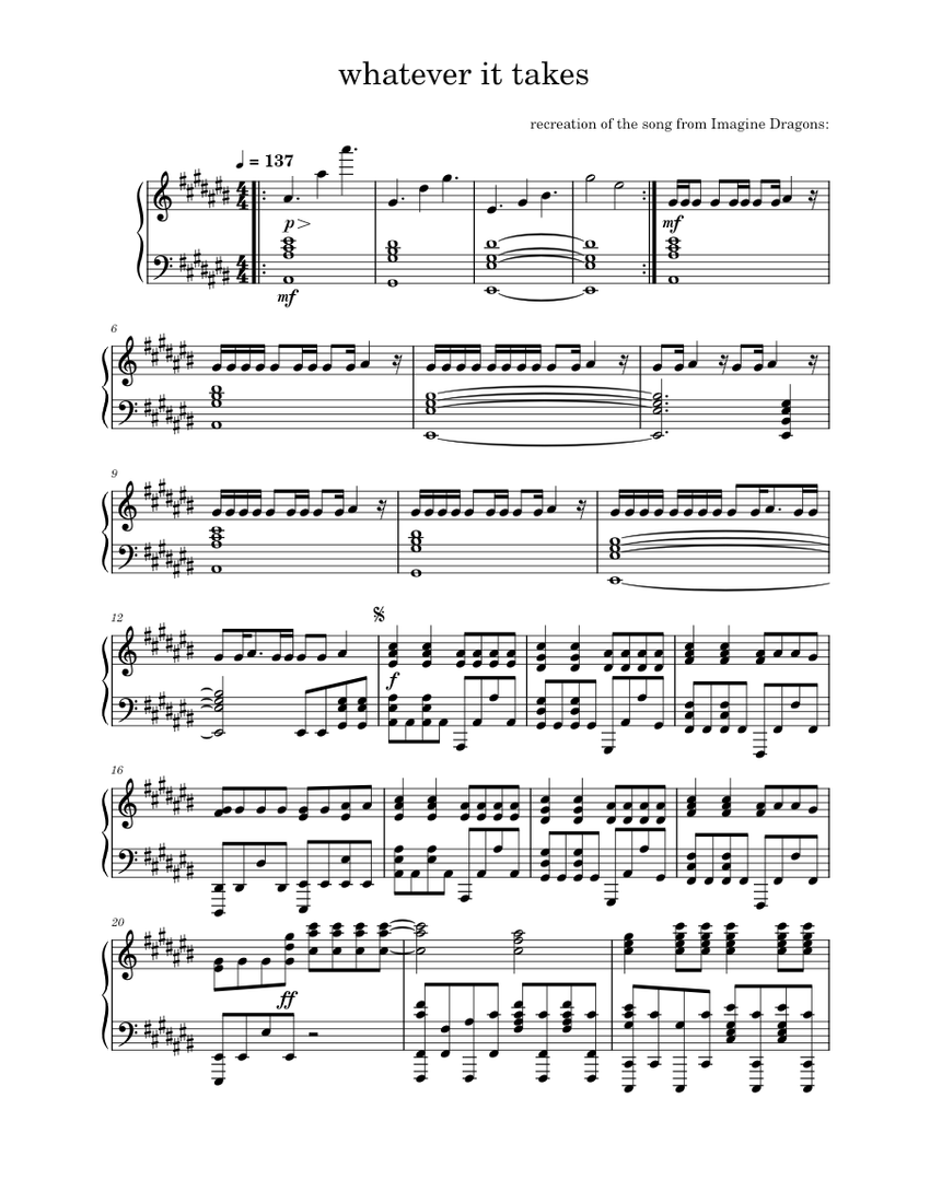 Whatever It Takes - Imagine Dragons Sheet music for Piano (Piano Duo ...