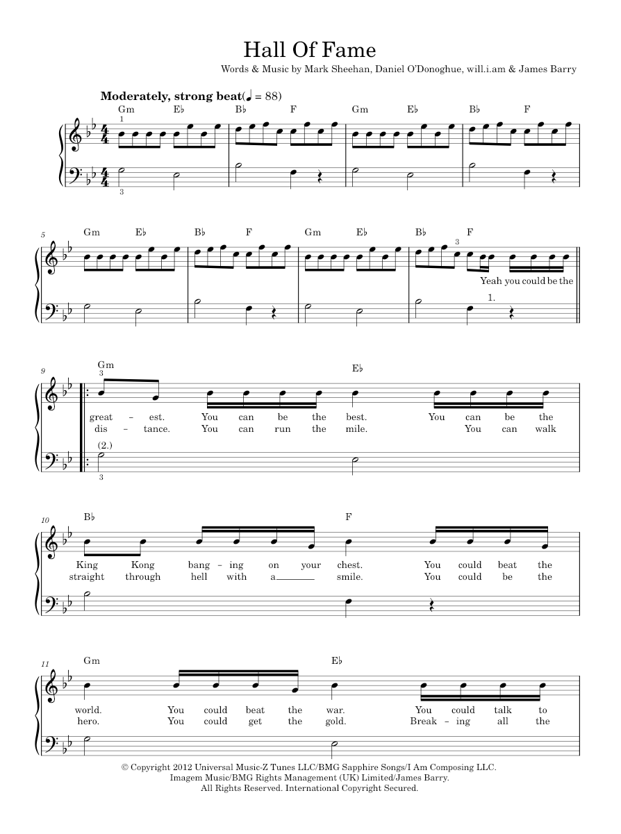 Play Official version of Hall of fame Sheet Music by The Script for ...
